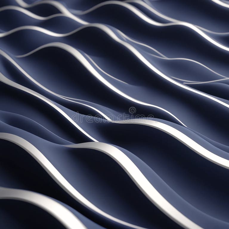 Midnight Blue Curved Wave Patterns 3D Render in Silver Edge Abstract ...