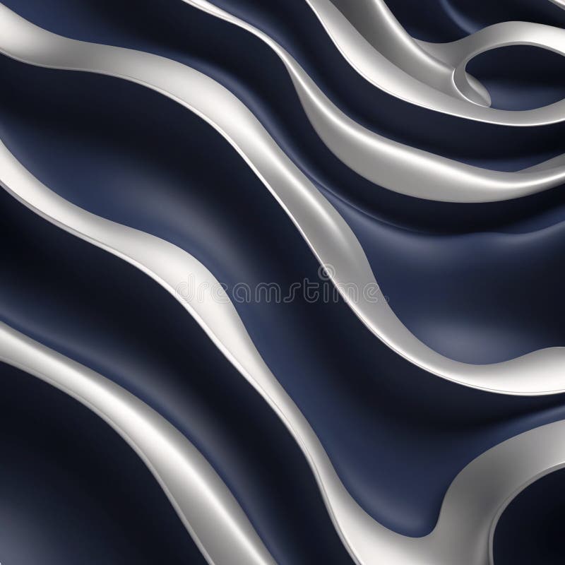 Midnight Blue Curved Wave Patterns 3D Render in Silver Edge Abstract ...