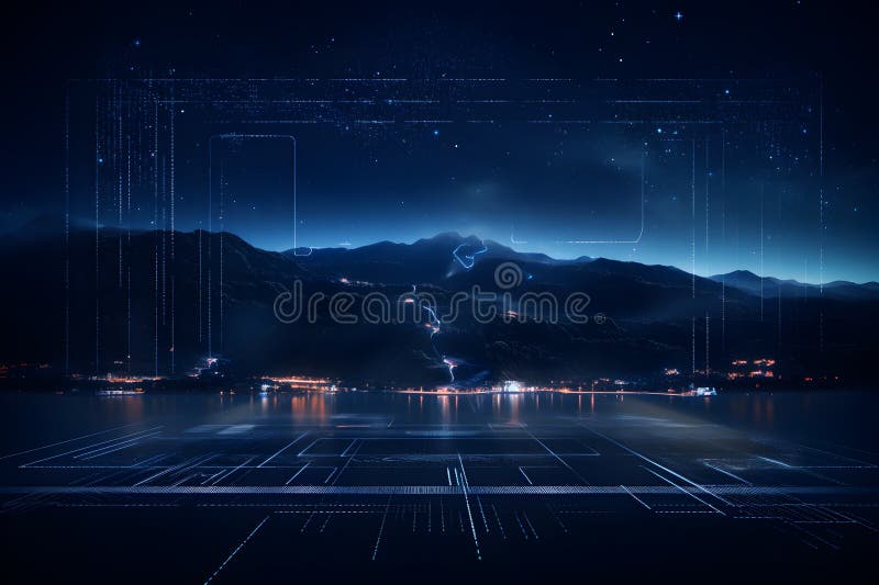 A Midnight Blue Digital Landscape, Illuminated by Neon Grids and ...