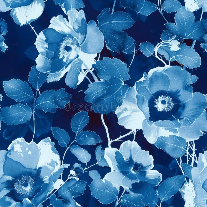 Midnight Blue Floral Pattern: Artistic Botanical Wallpaper Design Stock ...