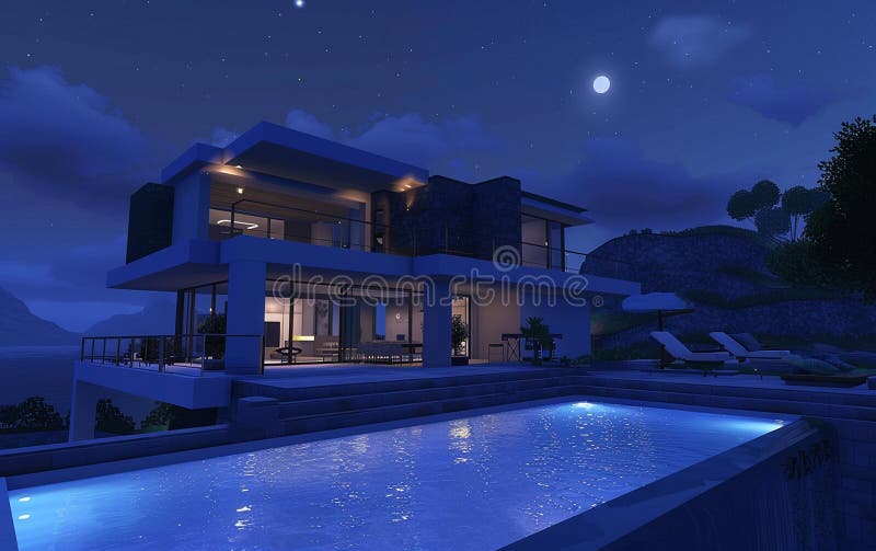 Midnight Blue Four-Floor Modern House with Swimming Pool -Generative Ai ...