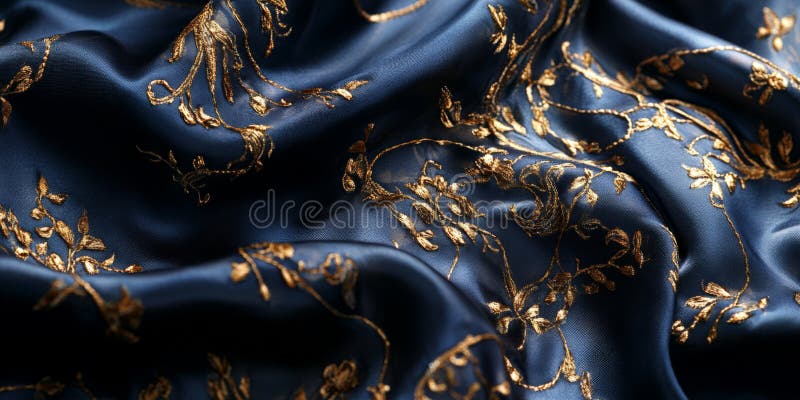 Midnight Blue Silk with Golden Embroidery, Soft, Rich, and Luxurious ...