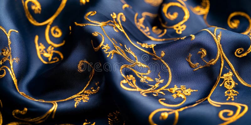 Midnight Blue Silk with Golden Embroidery, Soft, Rich, and Luxurious ...