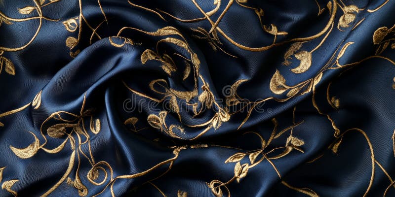 Midnight Blue Silk with Golden Embroidery, Soft, Rich, and Luxurious ...