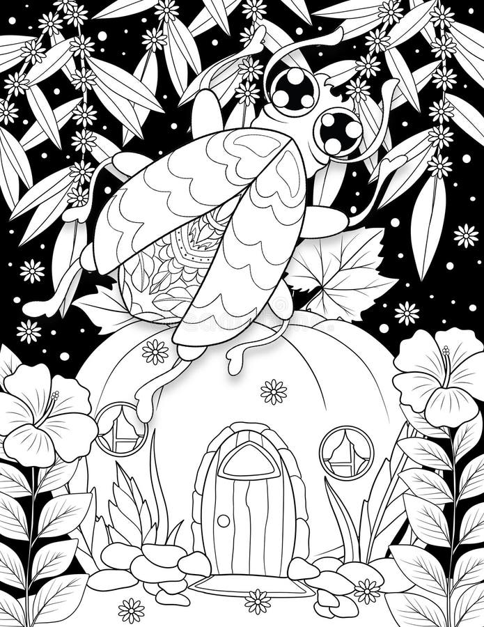 Midnight Bugs Insects Coloring Page for Adult Stock Illustration ...