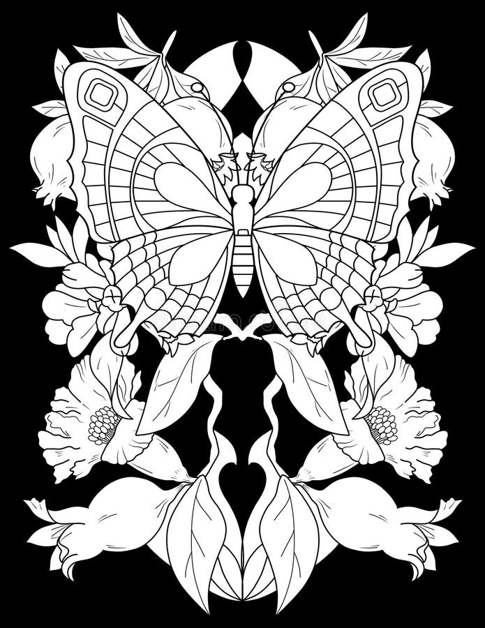 Midnight Butterfly Insects Coloring Page For Adult Stock Illustration