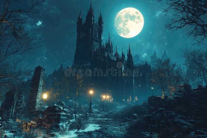 Midnight Castle Under Full Moon Stock Image - Image of mysterious ...