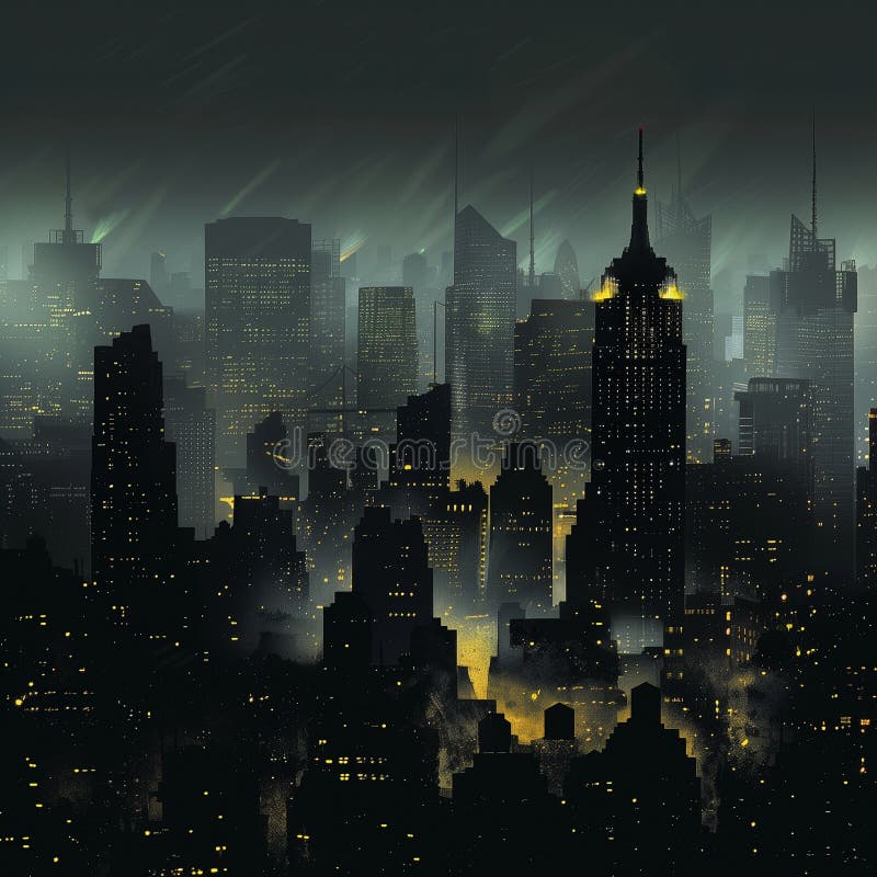 Midnight City with a Single Tower with Yellow Light Stock Photo - Image ...
