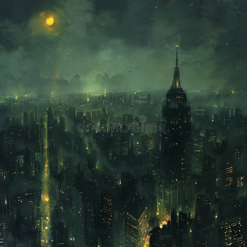 Midnight City with a Single Tower with Yellow Light Stock Image - Image ...