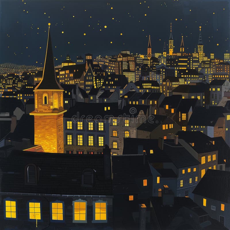 Midnight City with a Single Tower with Yellow Light Stock Photo - Image ...