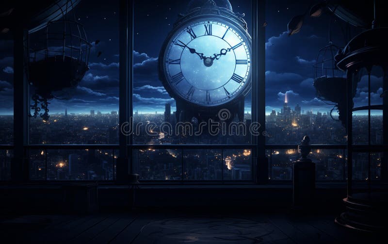 Midnight Clock Scene Manga Panorama on Generative Ai. Stock ...