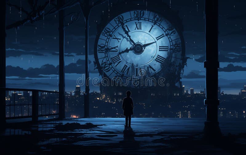 Midnight Clock Scene Manga Panorama on Generative Ai. Stock ...