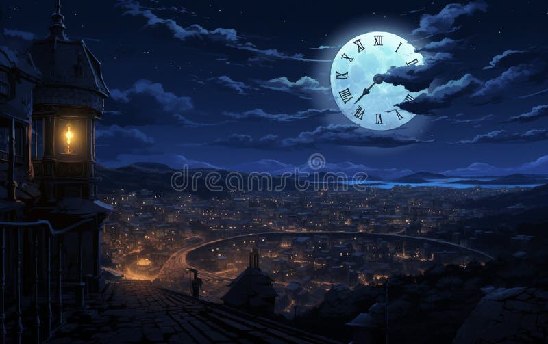 Midnight Clock Scene Manga Panorama on Generative Ai. Stock ...