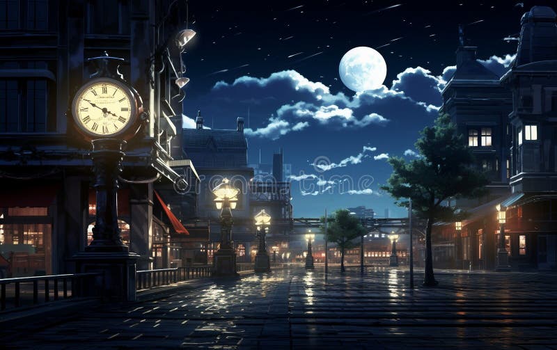 Midnight Clock Scene Manga Panorama on Generative Ai. Stock ...