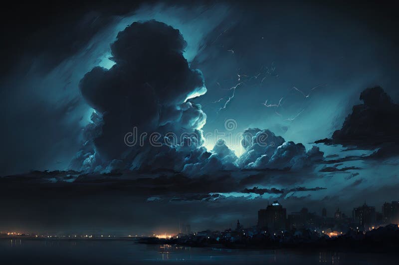 Midnight, a Dark Blue Cloud with a White Sky Background and City Lights ...