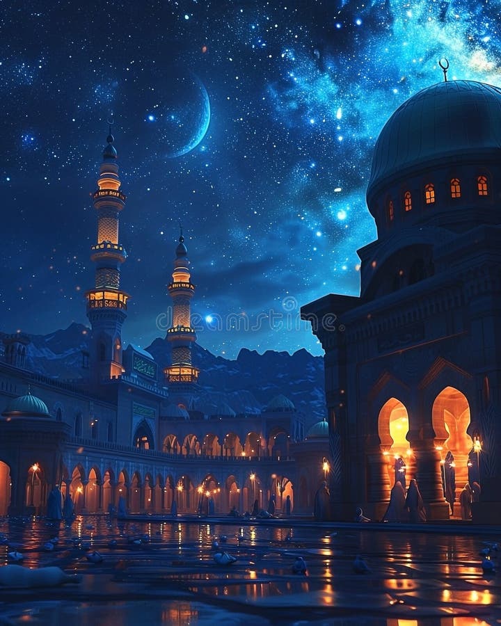 Midnight Empty Kaaba View with Background Full of Stars in the Sky with ...