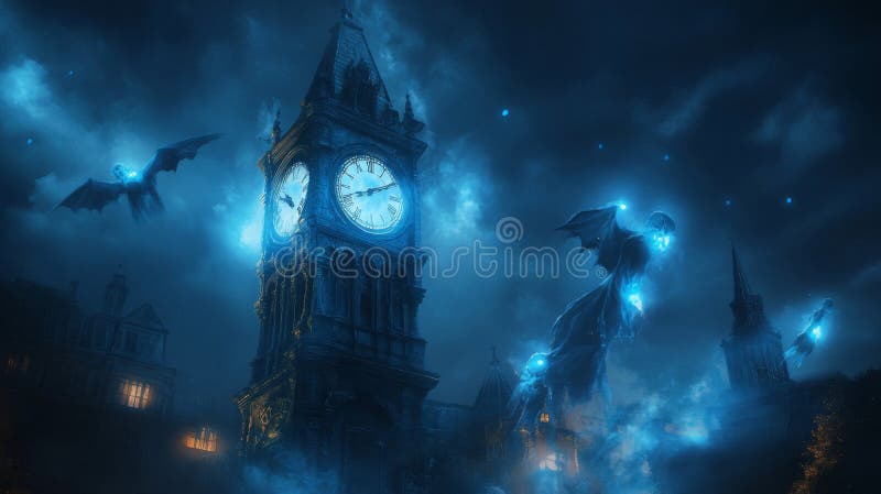 A Midnight Encounter with Spectral Creatures at a Gothic Clock Tower ...