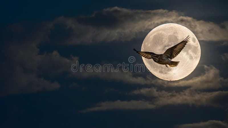 Midnight Flight of a Lark in Front of Full Moon and Cloud Silhouettes ...