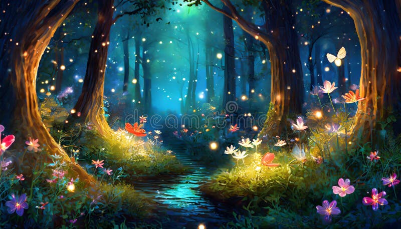 Midnight Forest with Moonlight Fairy Tale Background Stock Illustration ...