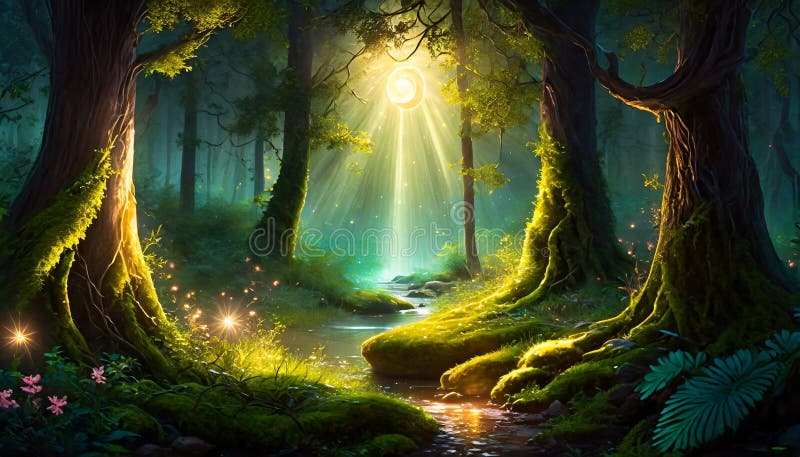 Midnight Forest with Moonlight Fairy Tale Background Stock Illustration - Illustration of green ...