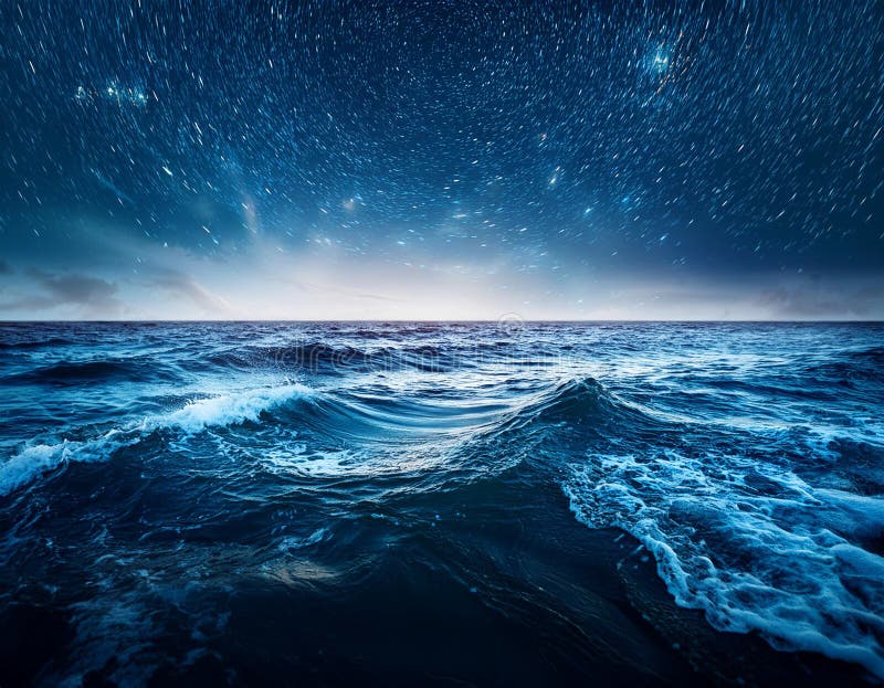 Midnight Ocean with Waves Illuminated by Stars Stock Image - Image of ...