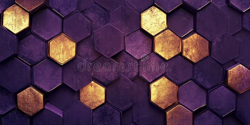 Midnight Purple Hexagonal Metallic Surface Illuminated by Bold Golden ...