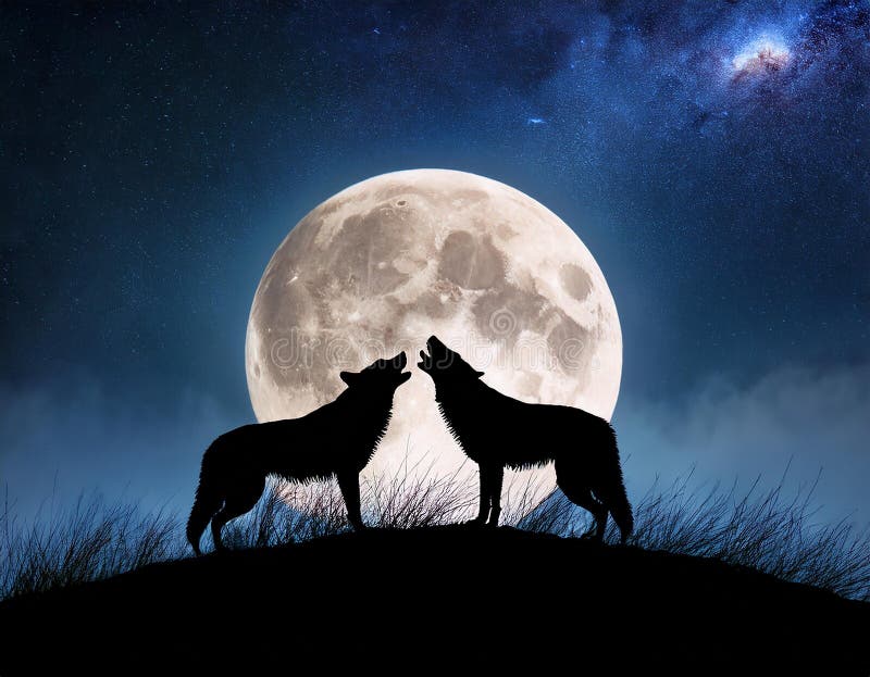 Midnight Serenade - Wolves Howling at Full Moon Stock Illustration ...