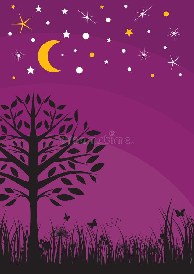 Midnight Silhouette Tree, Grass, Moon and Stars Stock Illustration ...