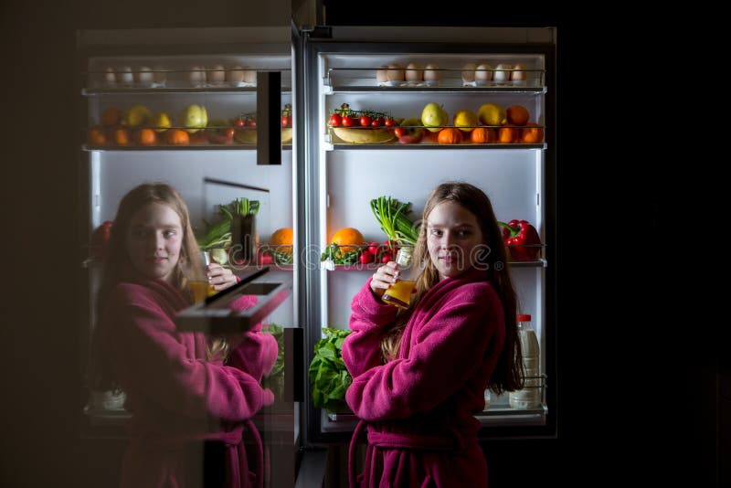 Midnight Snack, Looking into Fridge Stock Photo - Image of beauty, girl ...
