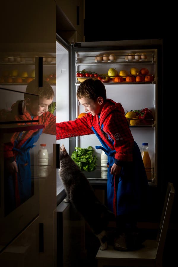Midnight Snack, Looking into Fridge Stock Image - Image of diet, alone ...