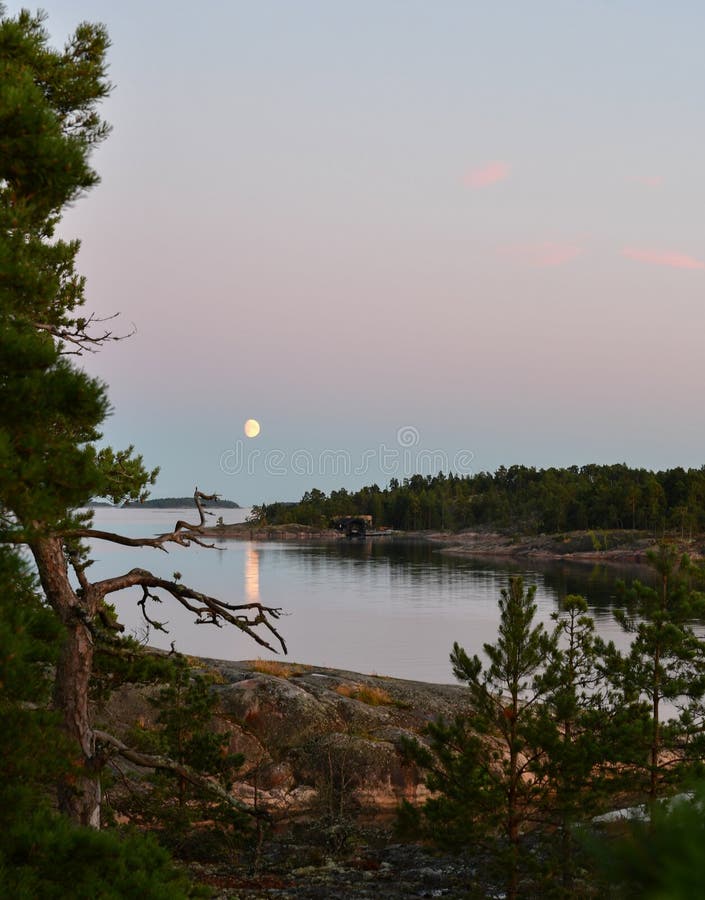 Tranquil Summer Night with Full Moon in the Archipelago Stock Image ...