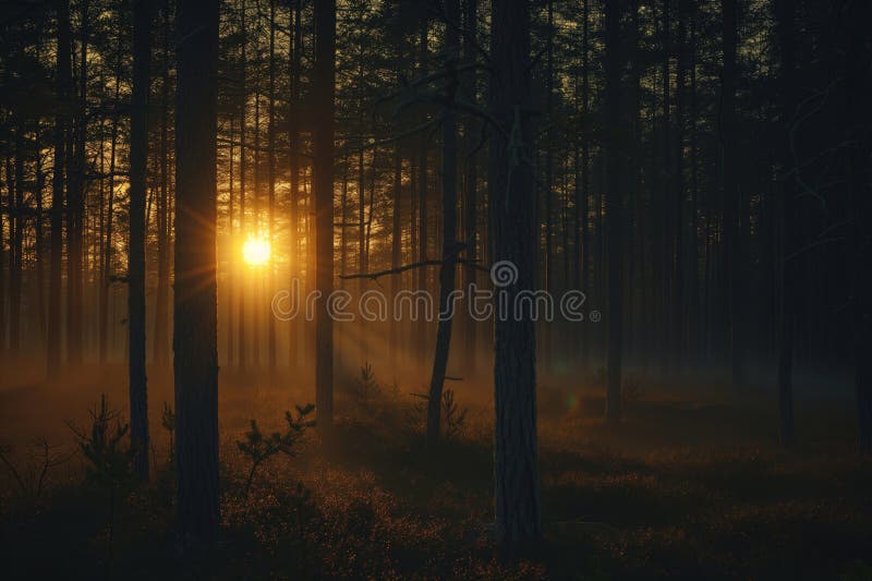 Midnight Sun Streaming through Pine Forest Stock Image - Image of ...