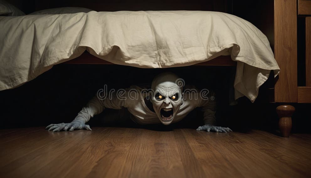 Midnight Terrors Spooky Ghost and Monster Under Bed in Shadows Stock ...