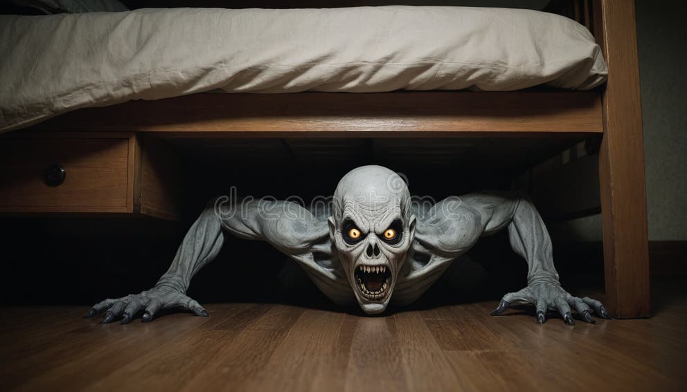 Midnight Terrors Spooky Ghost and Monster Under Bed in Shadows Stock ...