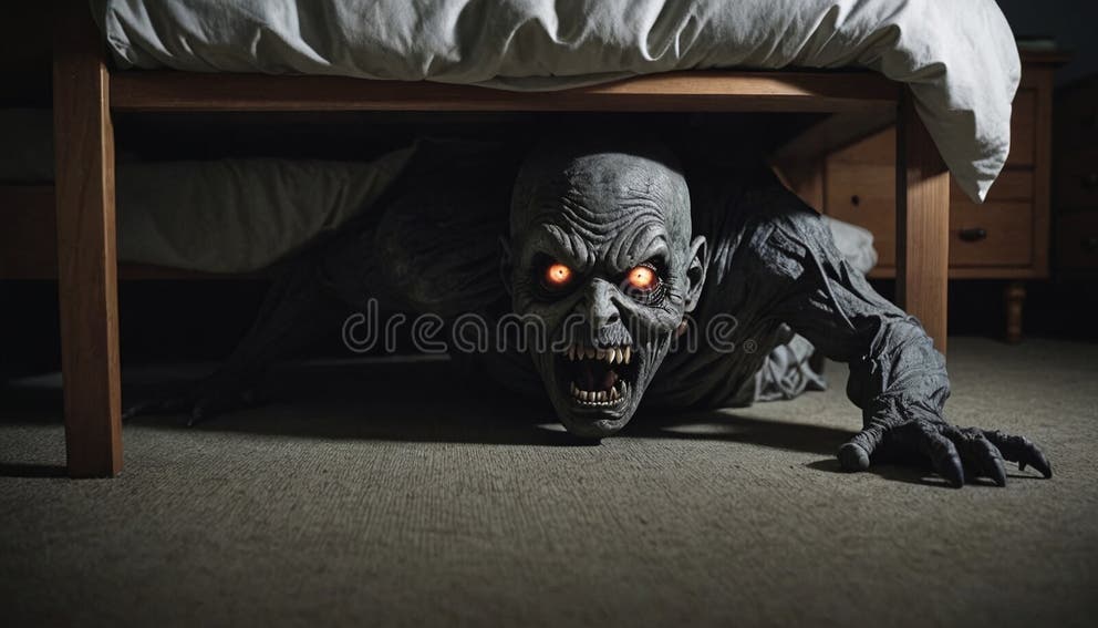 Midnight Terrors Spooky Ghost and Monster Under Bed in Shadows Stock ...
