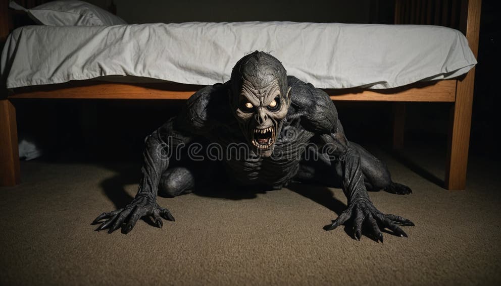 Midnight Terrors Spooky Ghost and Monster Under Bed in Shadows Stock ...
