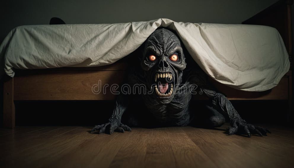 Midnight Terrors Spooky Ghost and Monster Under Bed in Shadows Stock ...