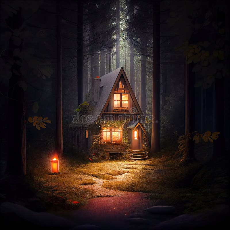 Midnight View of a Witch House in Deep Forest. Stock Illustration ...
