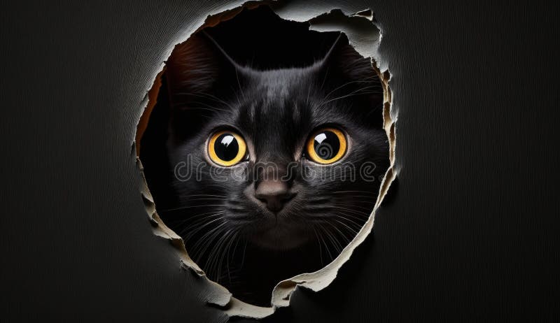 Midnight Watch: a Curious Black Cat Peeking Out of a Wall Hole ...