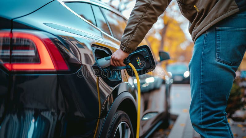 Midsection of Man Plugging in Cable while Charging Electric Car. Stock ...