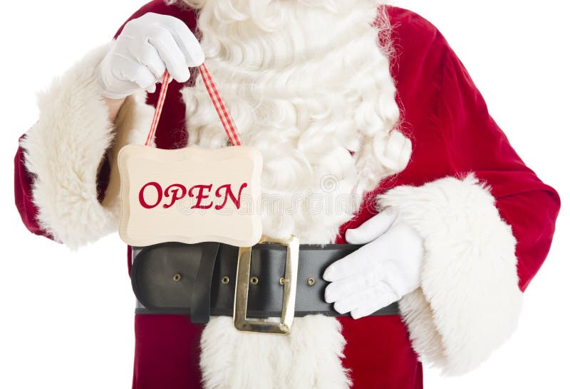 Midsection of Santa Claus Holding Open Sign Stock Photo - Image of ...