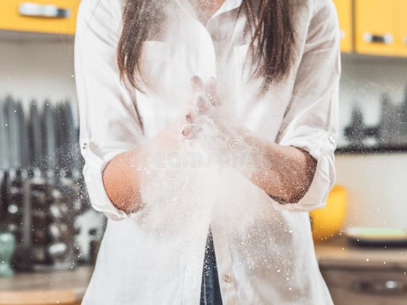 Woman Clapping Hands Flour Dust Cloud Explosion Stock Image - Image of ...