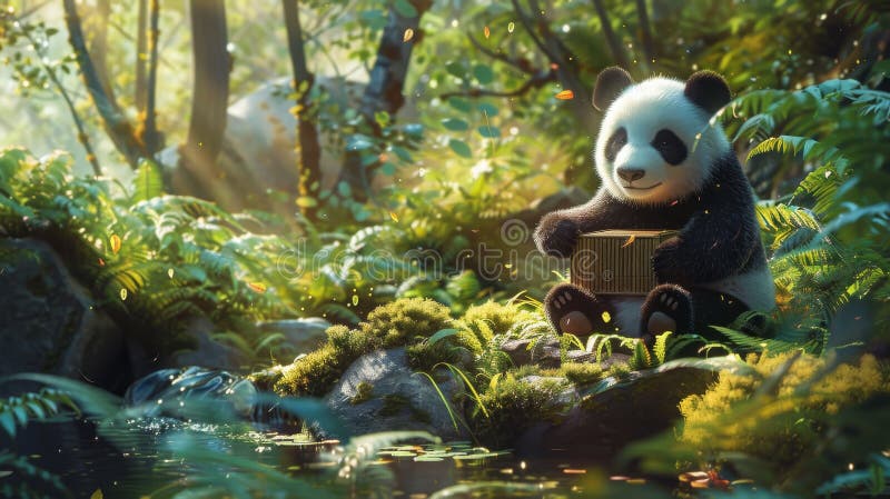 A Panda Sits on a Rock in the Woods, Holding a Box Amidst a Natural ...