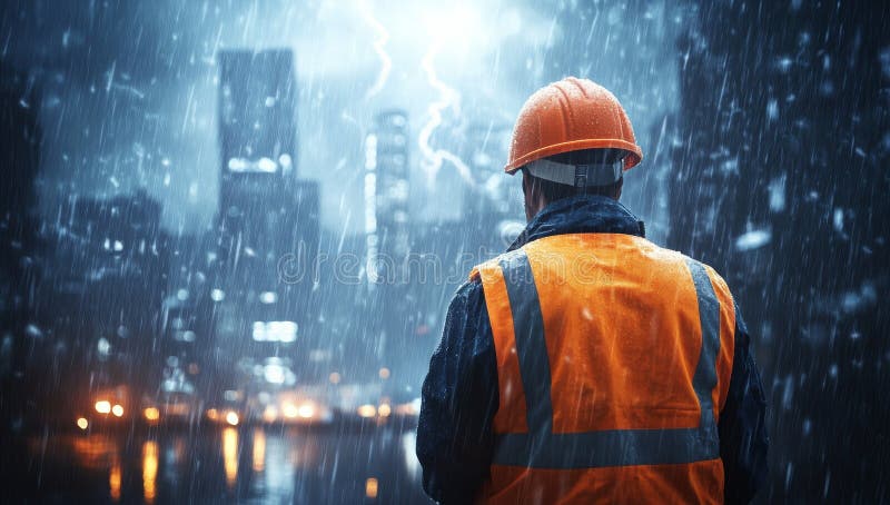 In the Midst of a Thunderstorm, a Construction Worker is Focused on the ...