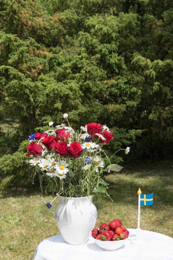 Midsummer Decorated Table in Sweden Stock Photo - Image of holiday ...