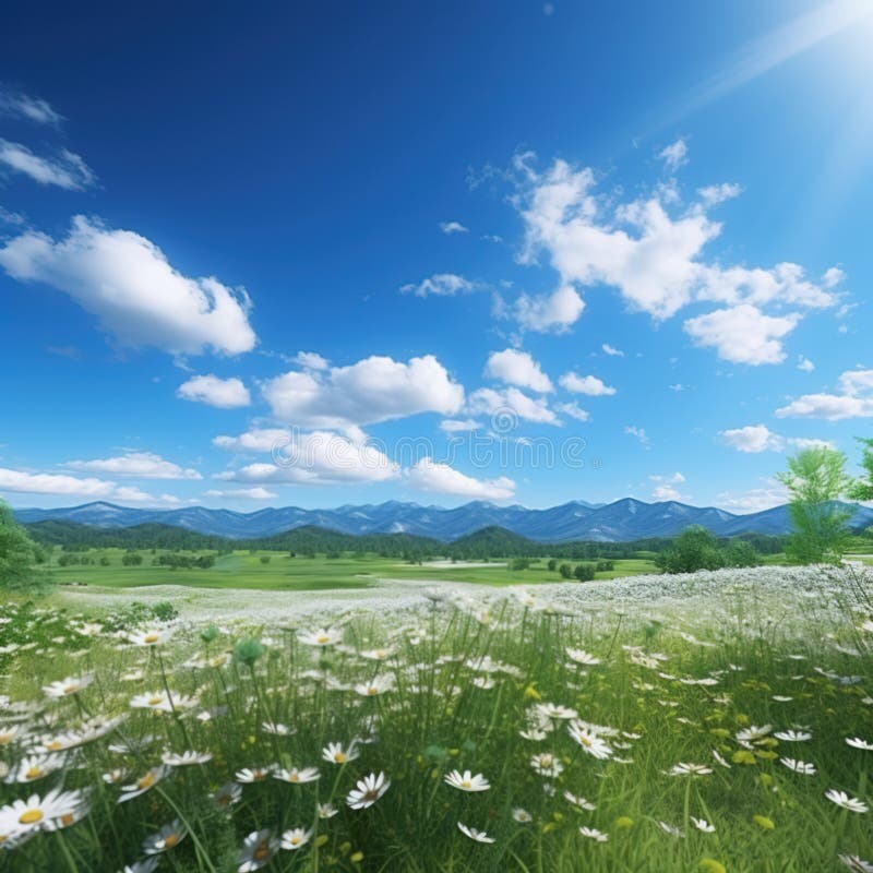 Midsummer Landscape with Blue Skies, Fluffy Clouds and Green Grass ...