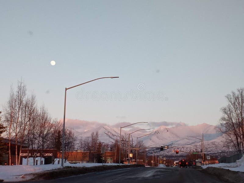Midtown Anchorage Alaska with the Moon in Sight Stock Photo - Image of ...