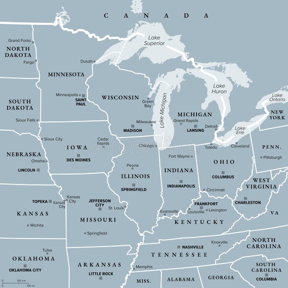 Midwest Region of the United States, American Midwest, Gray Political ...