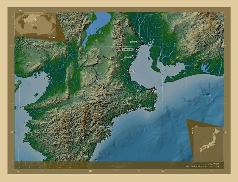 Mie, Japan. Physical. Labelled Points of Cities Stock Illustration ...