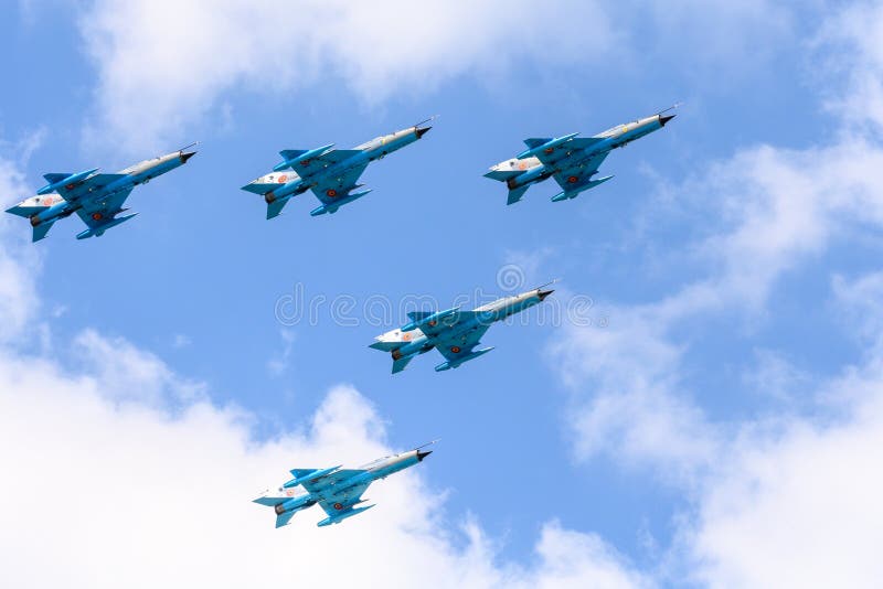 MiG-21 Lancer Air Force Team Formation. Fighter Jet Plane Editorial ...